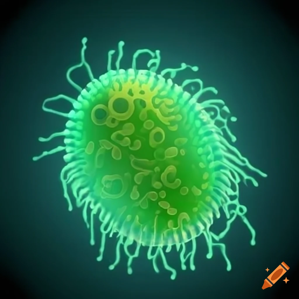 Illustration of green bacteria with orange particles and light beams on ...