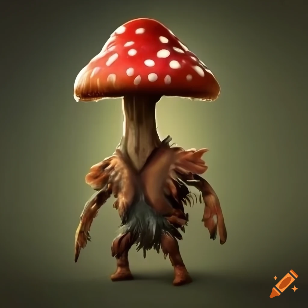 Realistic cartoon mushroom humanoid in pink dress and red vest, short ...