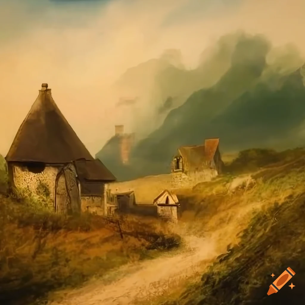 William turner style painting of a medieval village