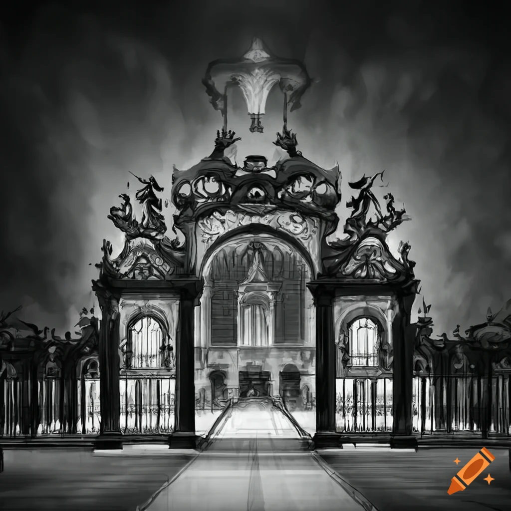 Impressive black and white concept art of a palace entrance