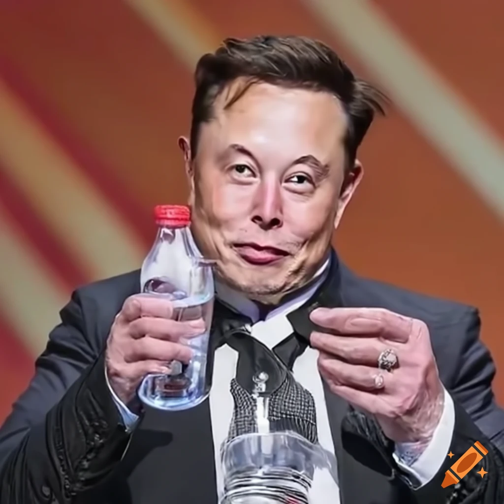 Elon Musk holding a bottle labeled "billionaire bath water" on Craiyon