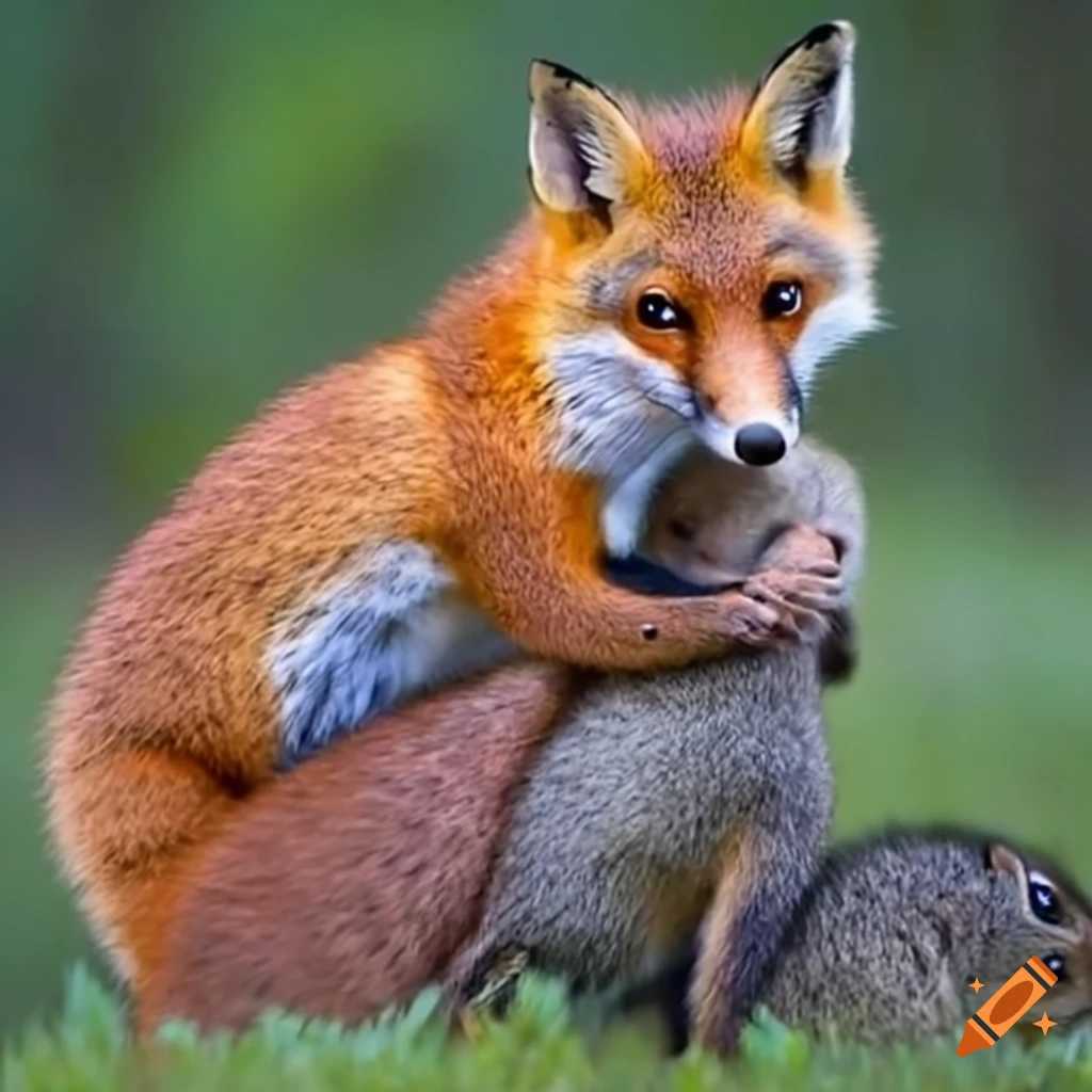 Image of a fox and squirrel hugging