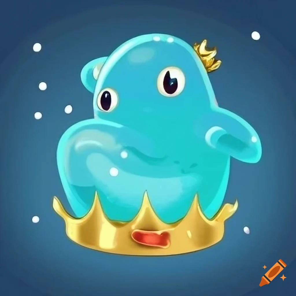 Blue king slime with a golden crown on Craiyon