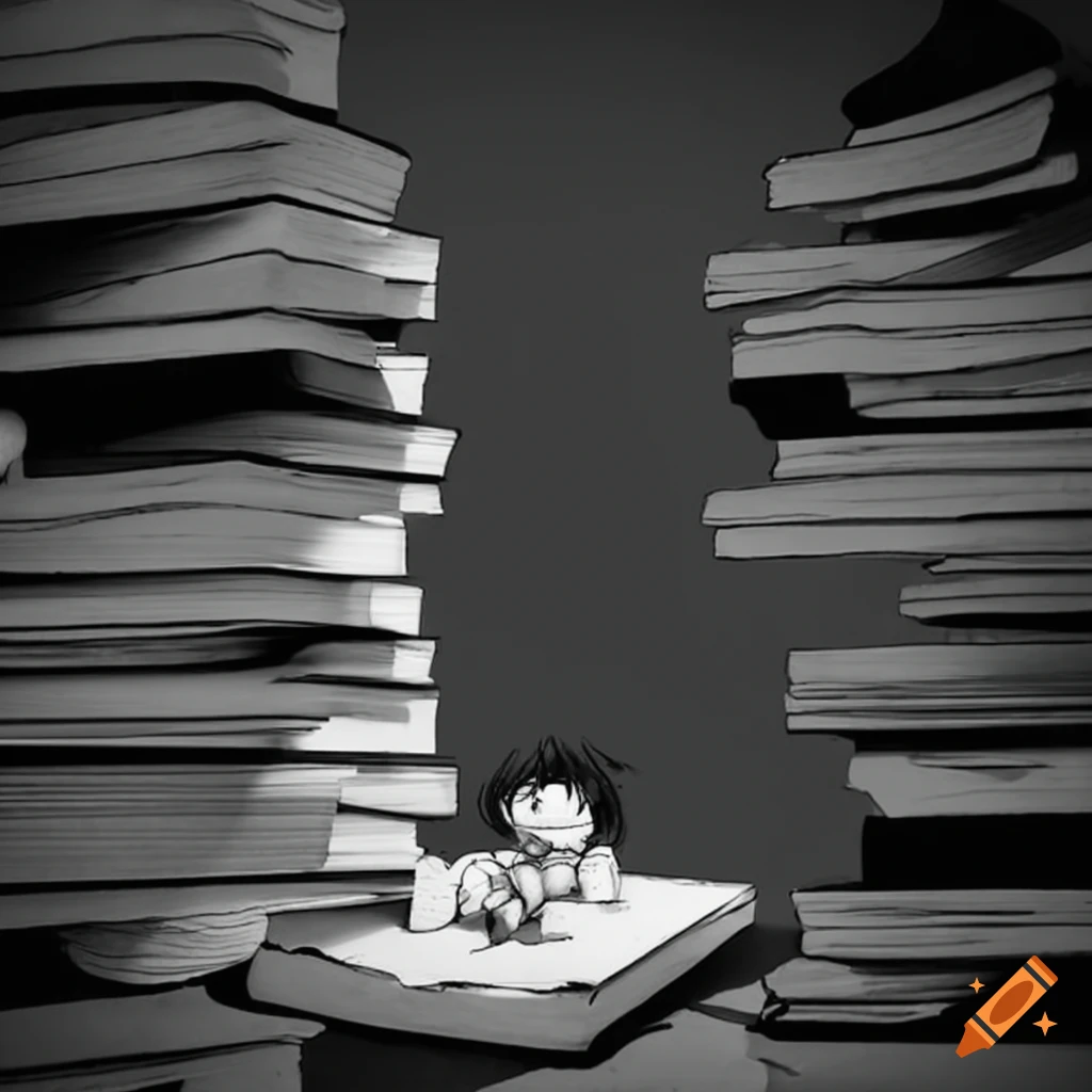 Person buried under a stack of books on Craiyon