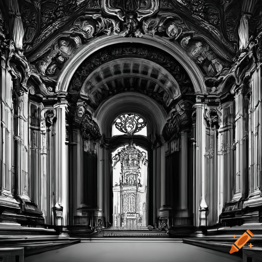 Impressive black and white concept art of a palace entrance