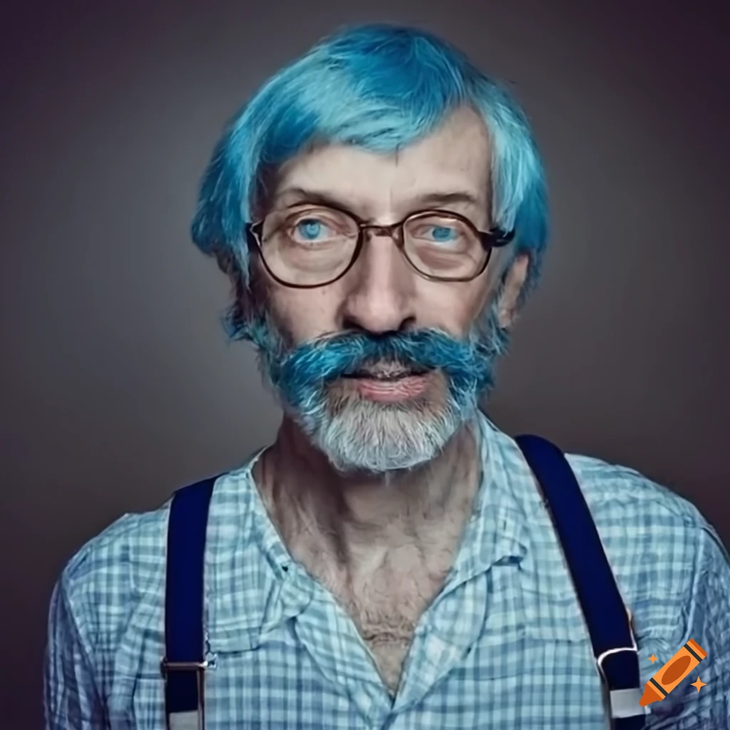 Quirky illustration of a blue-haired and blue-bearded man in suspenders ...