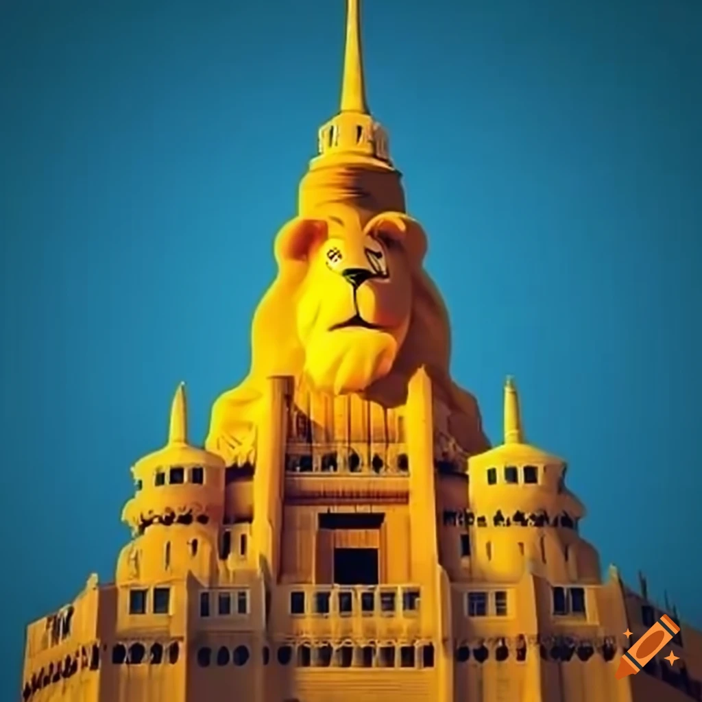 Yellow tower with a lion figure