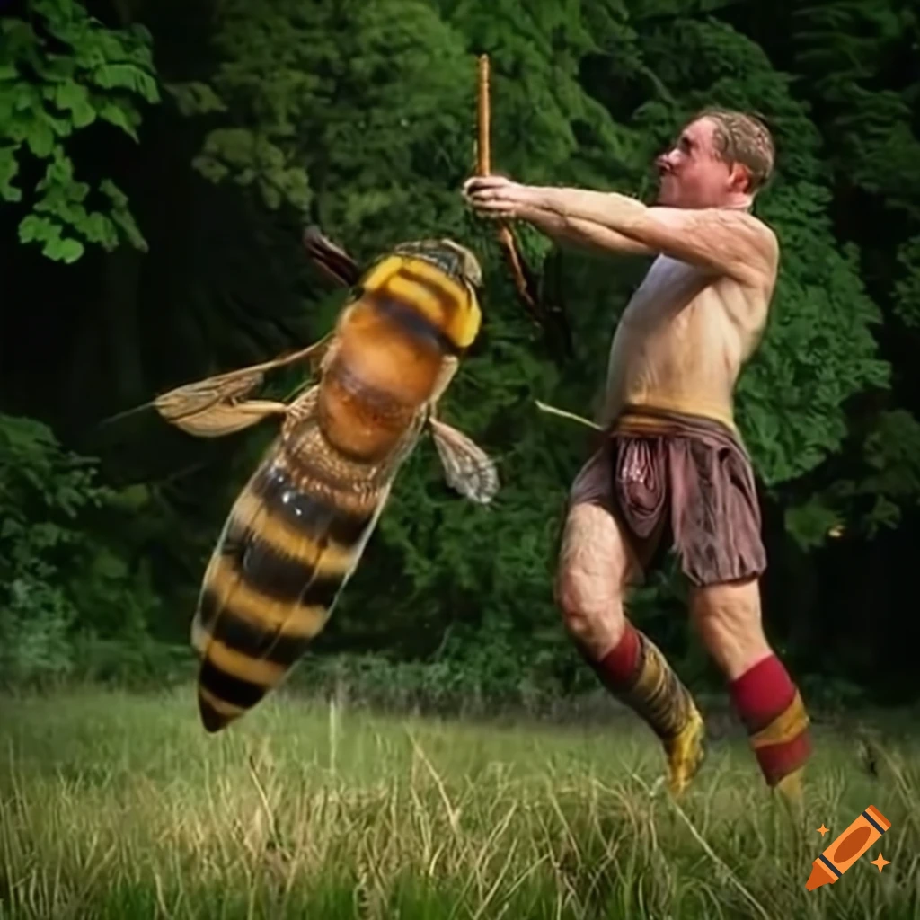 Man in laderhosen fighting off a giant bee on Craiyon