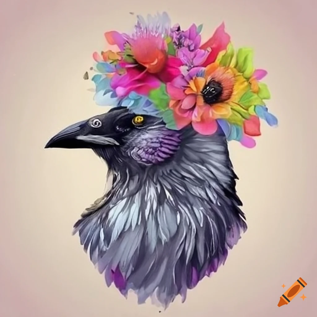 Colorful watercolor painting of a crow wearing a hat on Craiyon