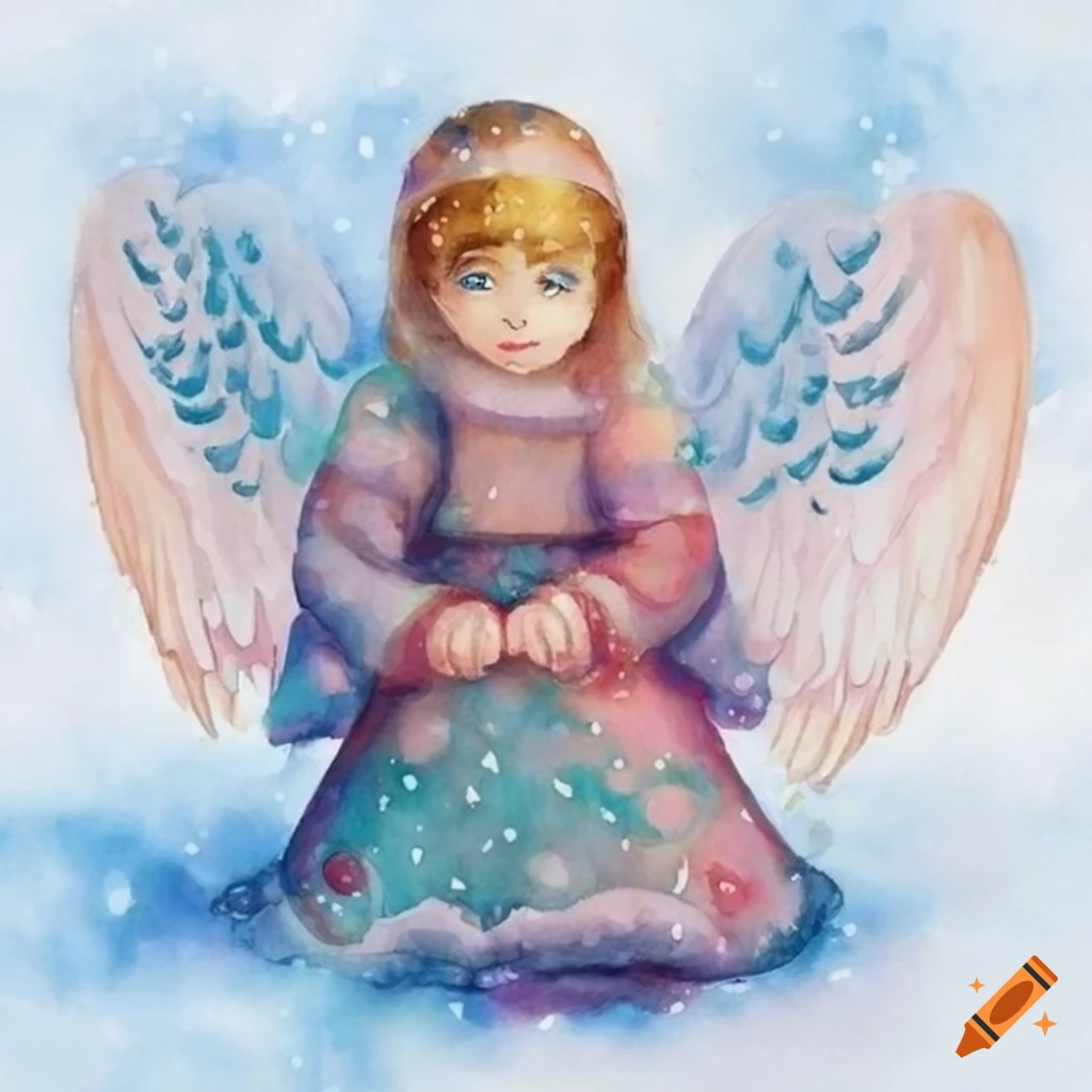 Russian angel in a winter forest watercolor christmas card on Craiyon
