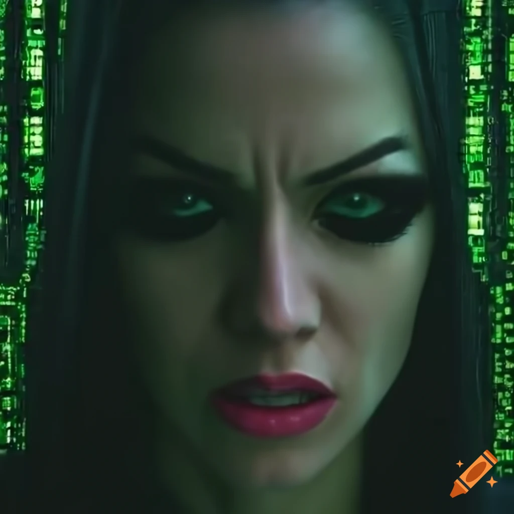 Digital art of a fierce and expressive female matrix ai face