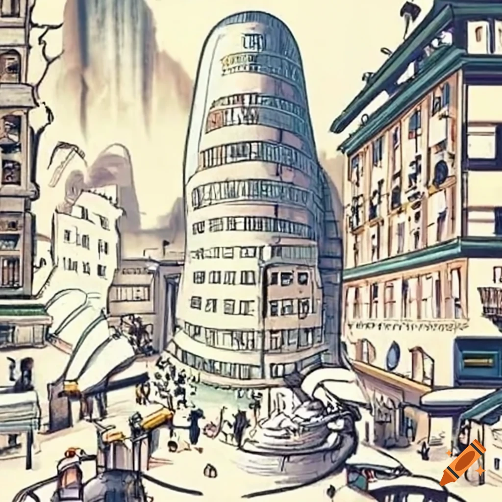 Comic book panel of a fantastical cityscape