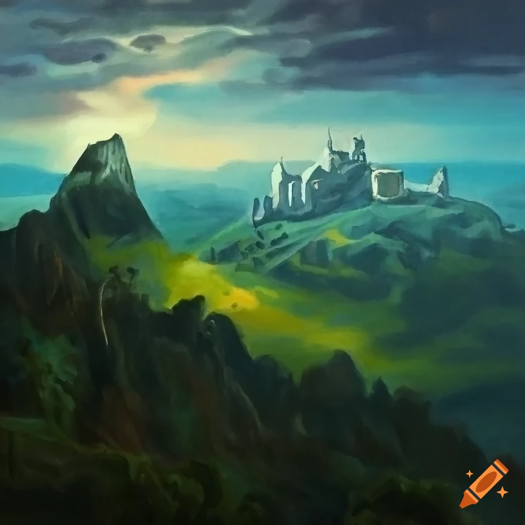 Artistic drawing of a medieval castle in green mountains on Craiyon