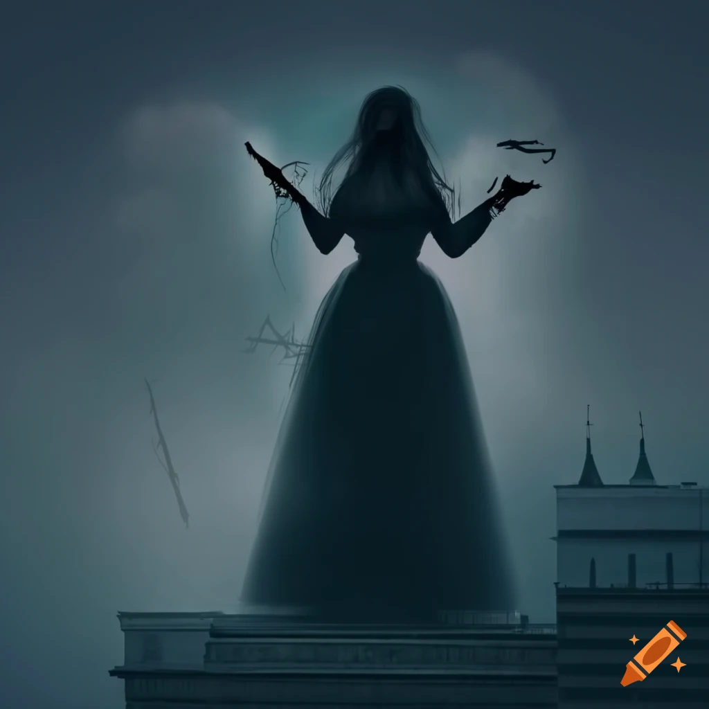 Silhouette of a princess on rooftop in a dystopian city on Craiyon