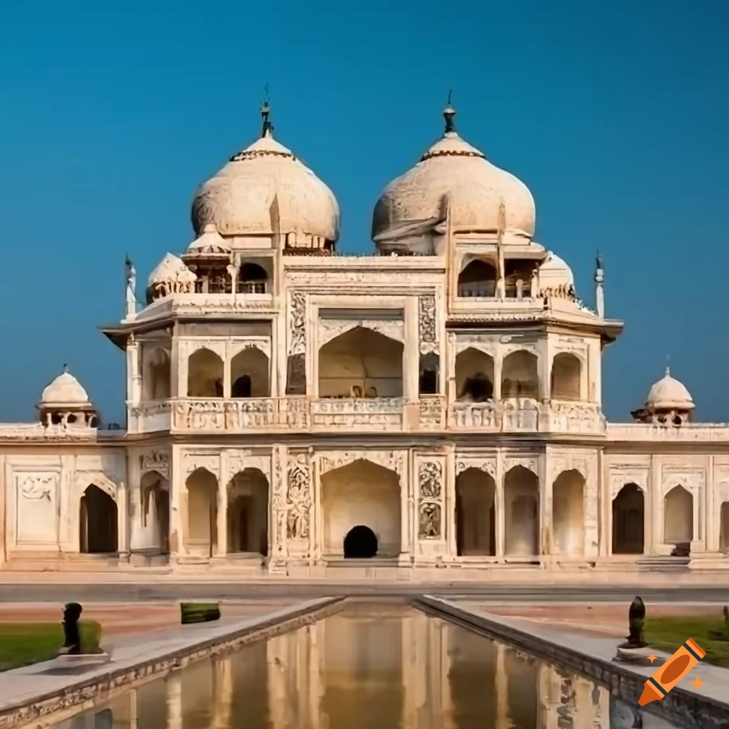 Front view of mughal mahal white house in mediterranean architectural style