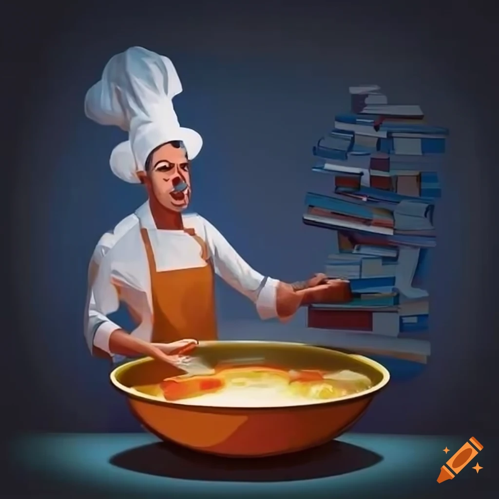 Cook making soup at night with books in the background on Craiyon