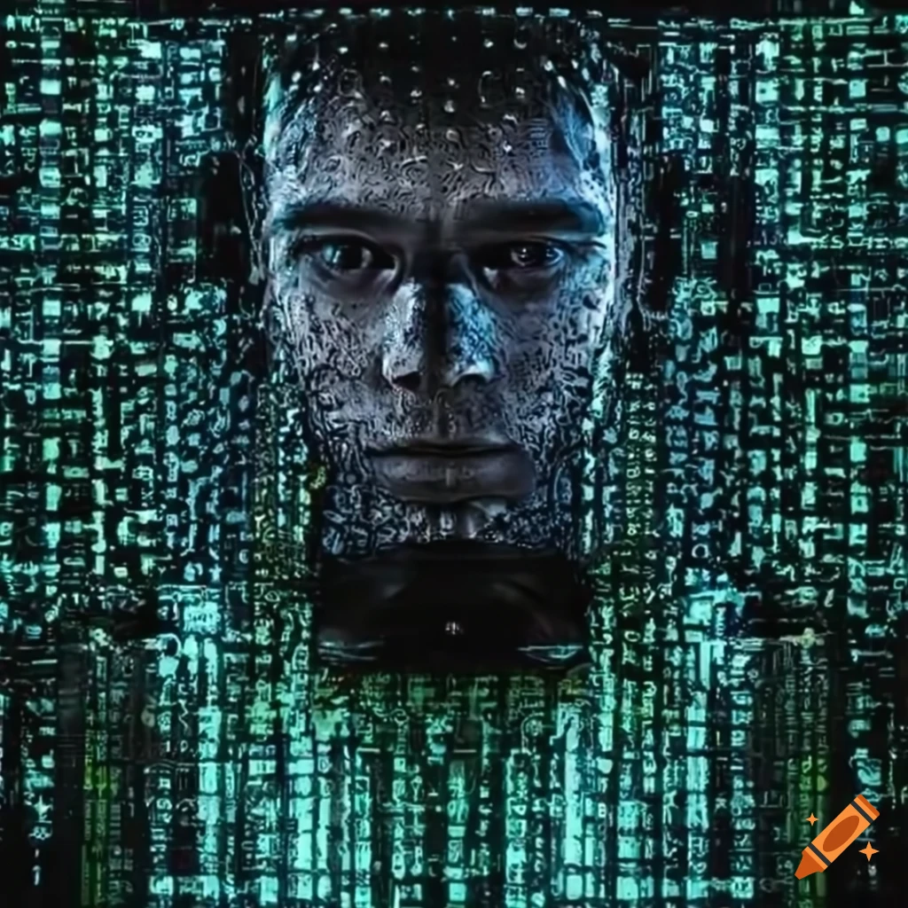 Futuristic computer matrix ai face in digital illustration on Craiyon