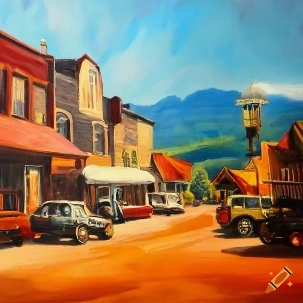 1970s oil painting of the town of dixie