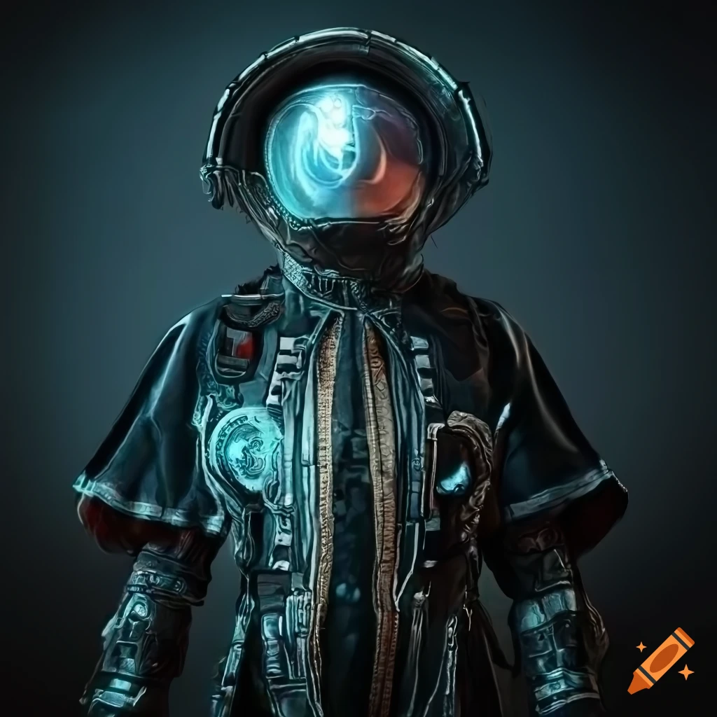 Genetic engineer king in sci-fi spacesuit and baroque robe in ...