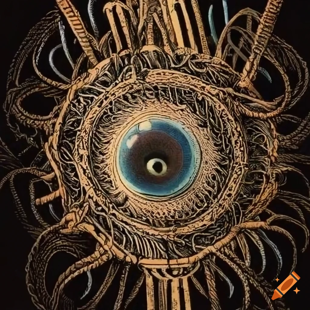 Engraving of an ophanim made of electrical cables on Craiyon