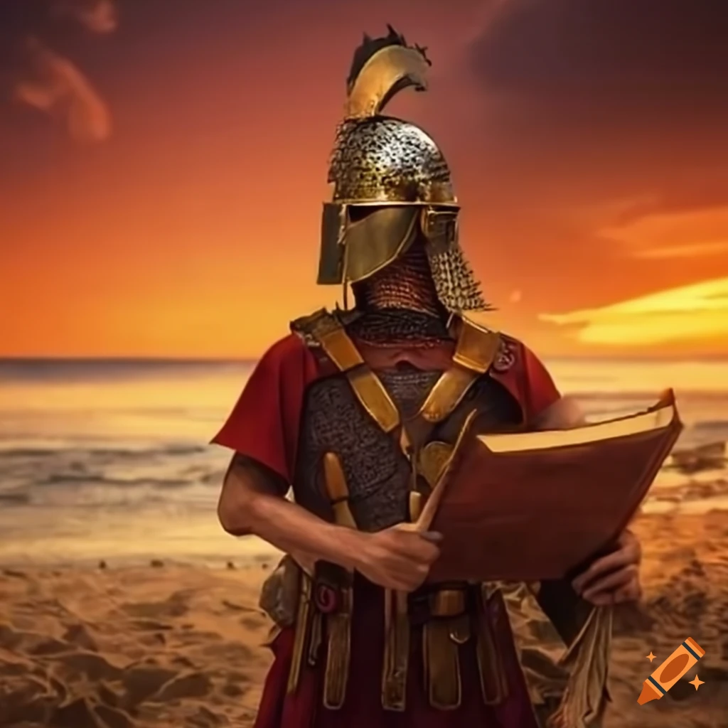 Image of a roman soldier reading a magical scroll by the sea on Craiyon