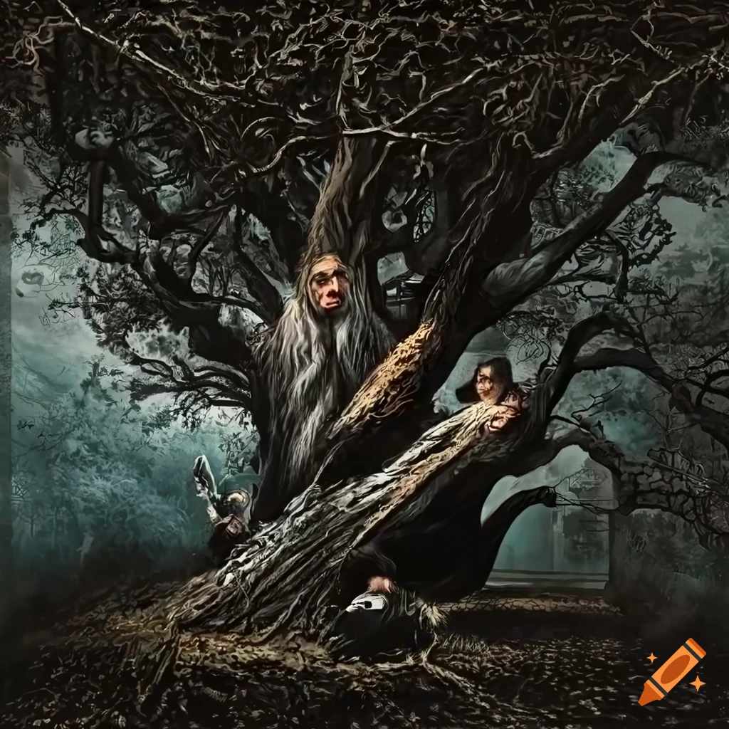 Baroque heavy metal album artwork with a tree and old man