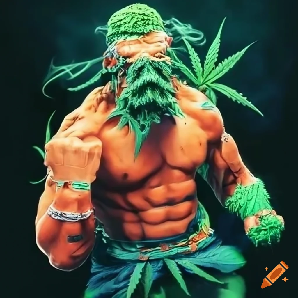 Artistic depiction of a legendary marijuana smoke man