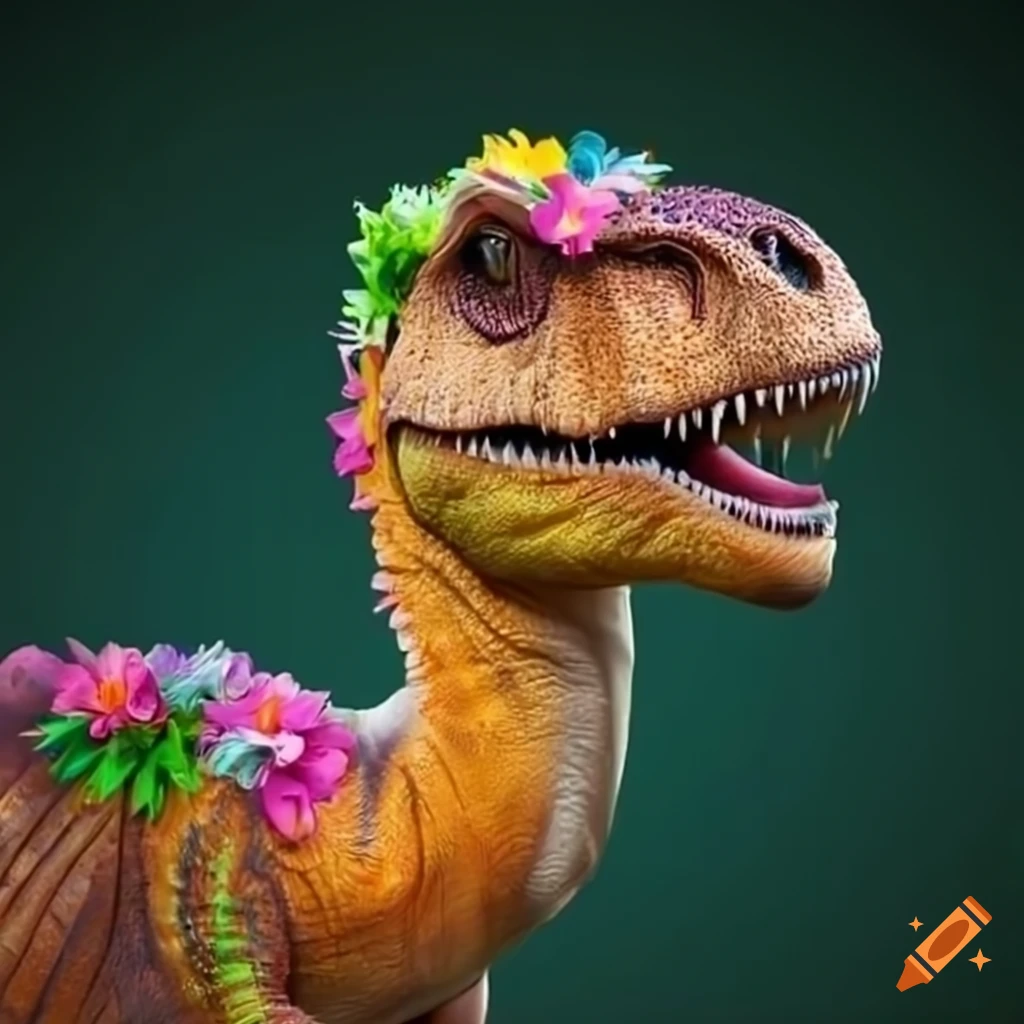 Colorful flower crown on a tyrannosaurus rex on Craiyon