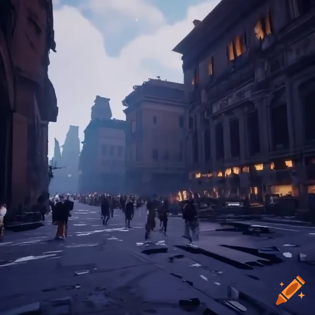 Crowd of people in australian sci-fi town with historical square and ...