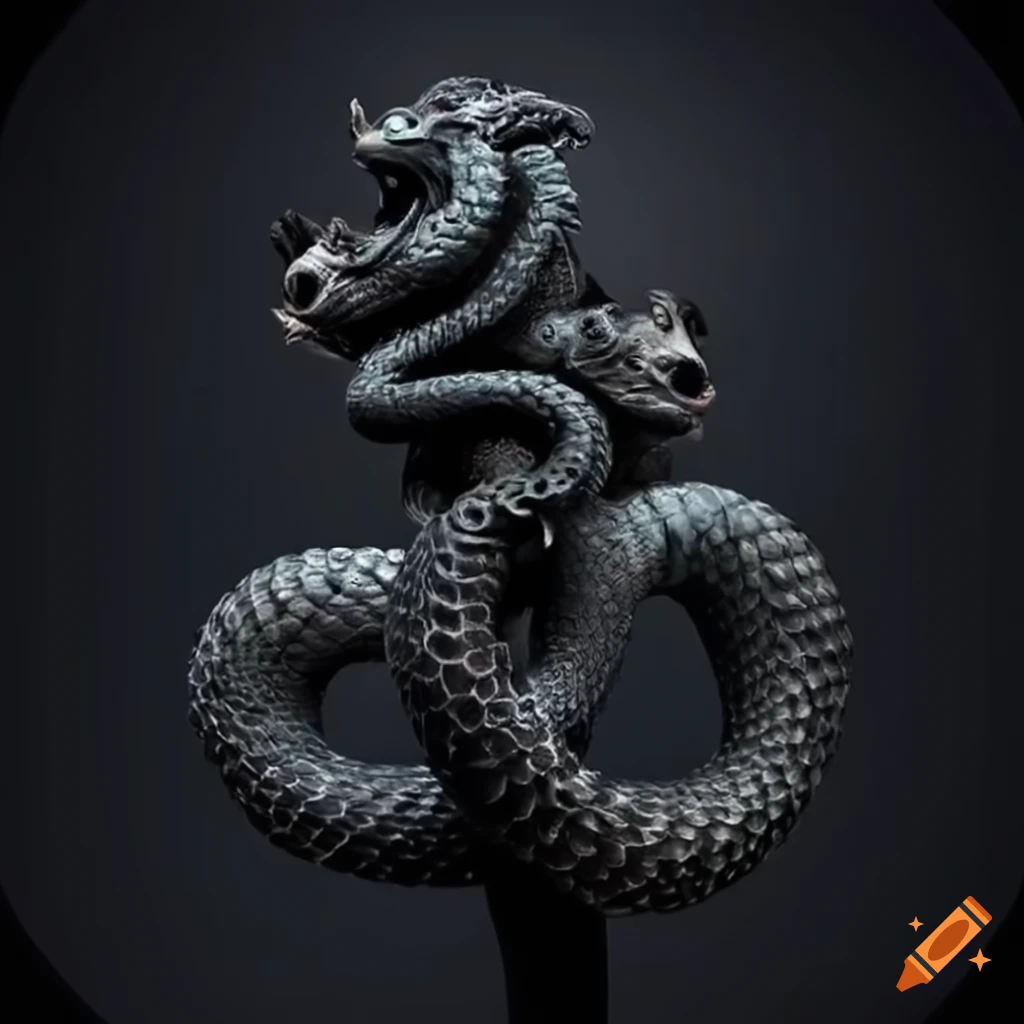 A black serpent with multiple heads coiled around a tree on Craiyon