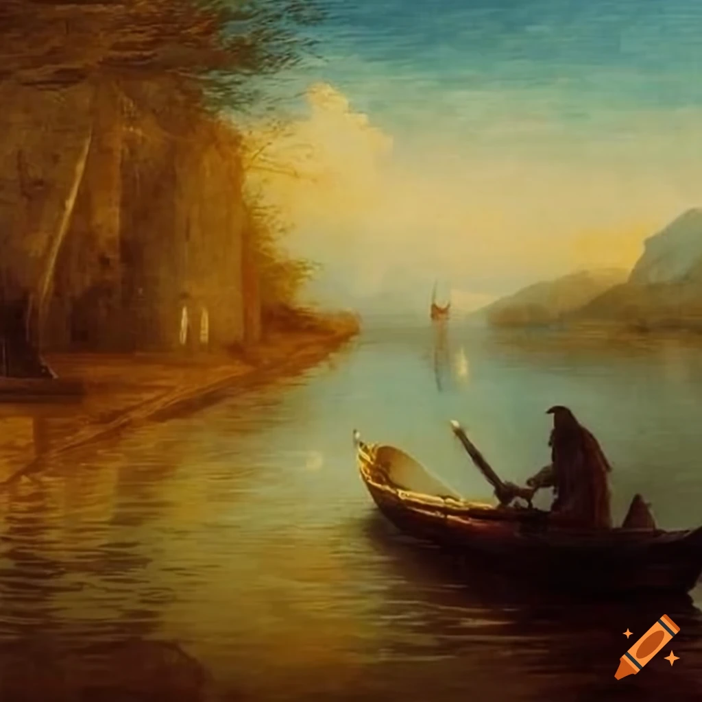 William turner inspired painting of a medieval boat rowing