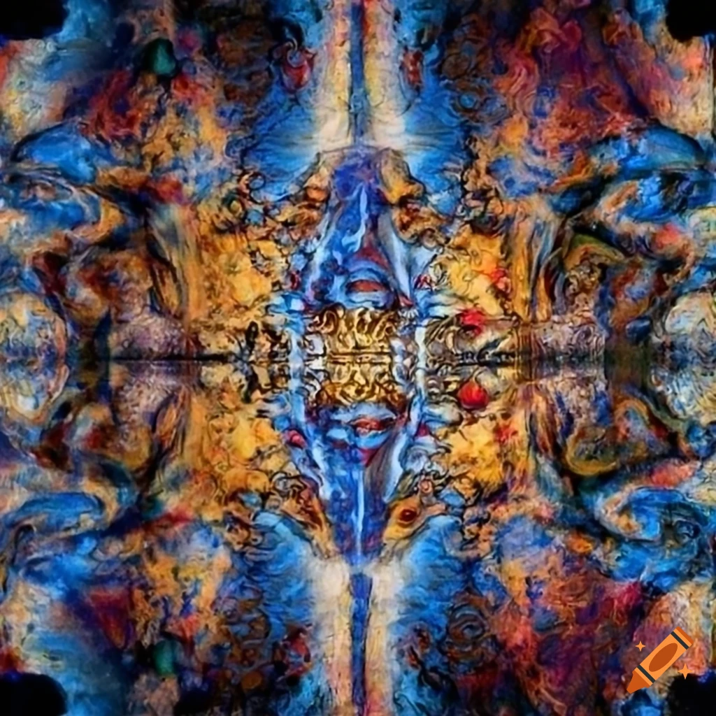 A dynamic work in gold, green, red and blue of symmetrical creature ...