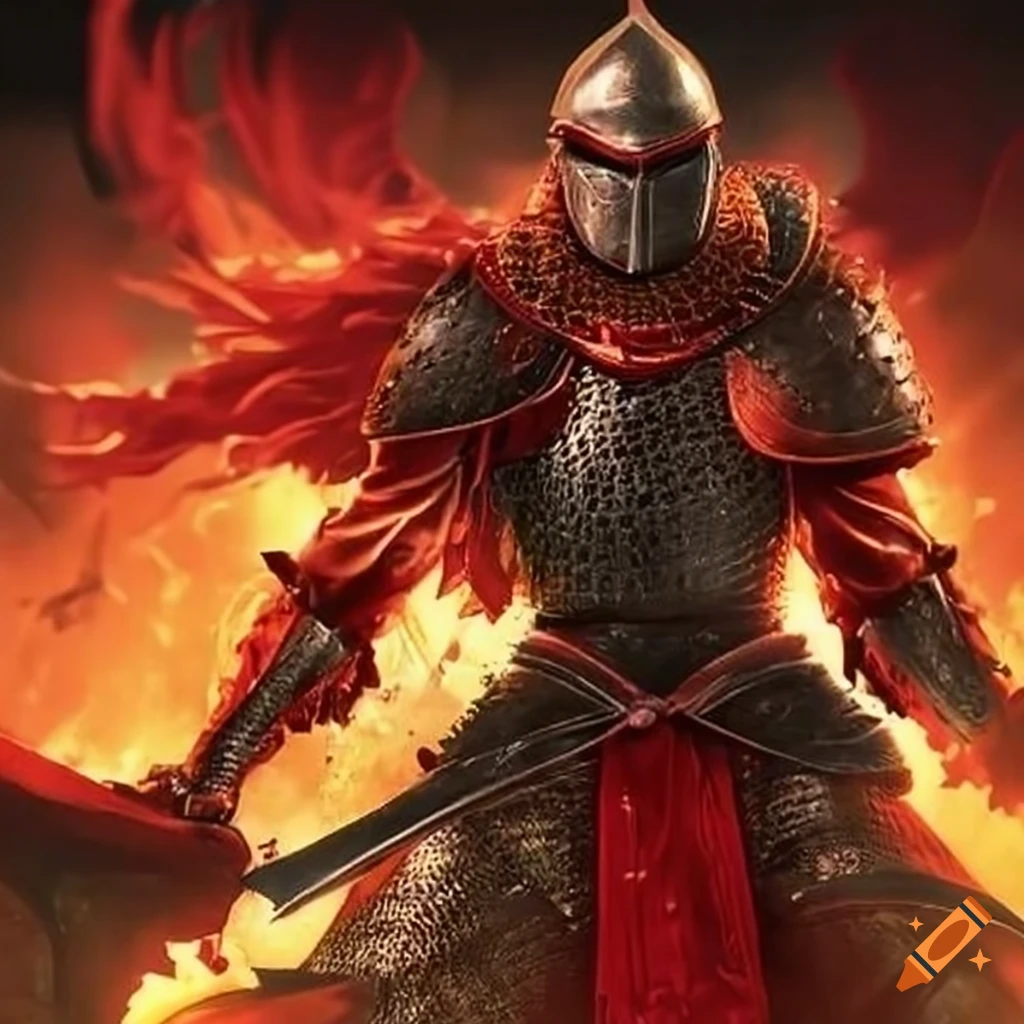 Knights in red armor in a valley on Craiyon