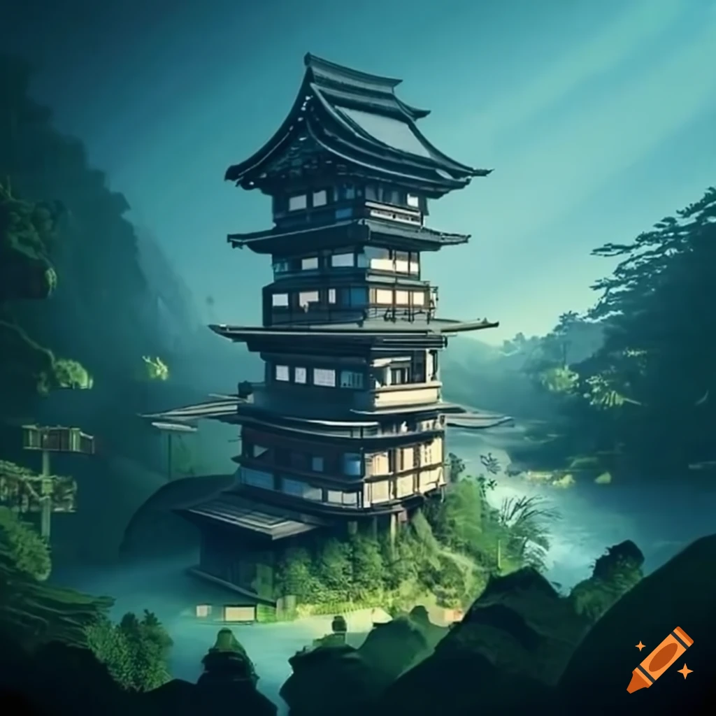 Japanese modern garden with house on Craiyon