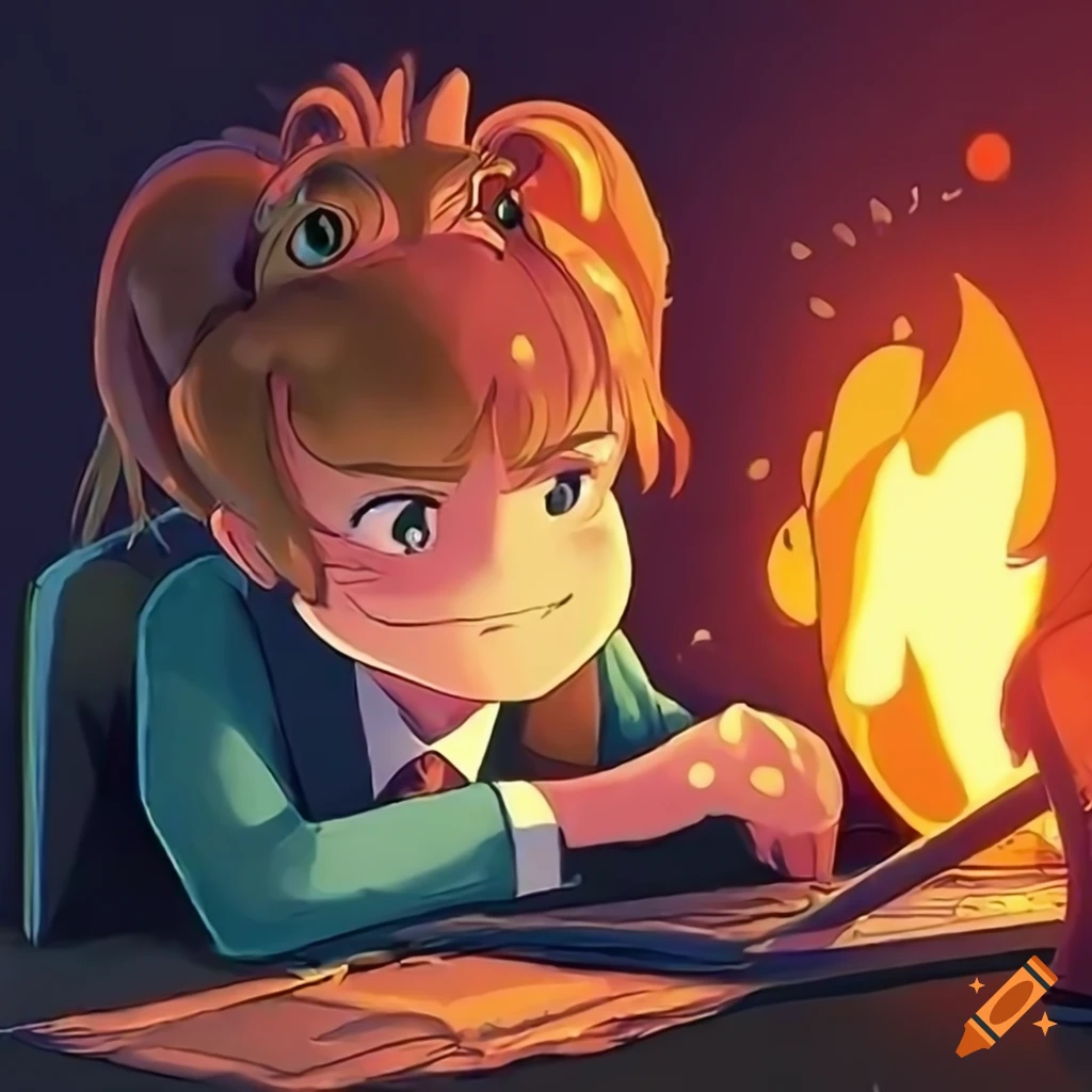 Ghibli style frog working on a computer