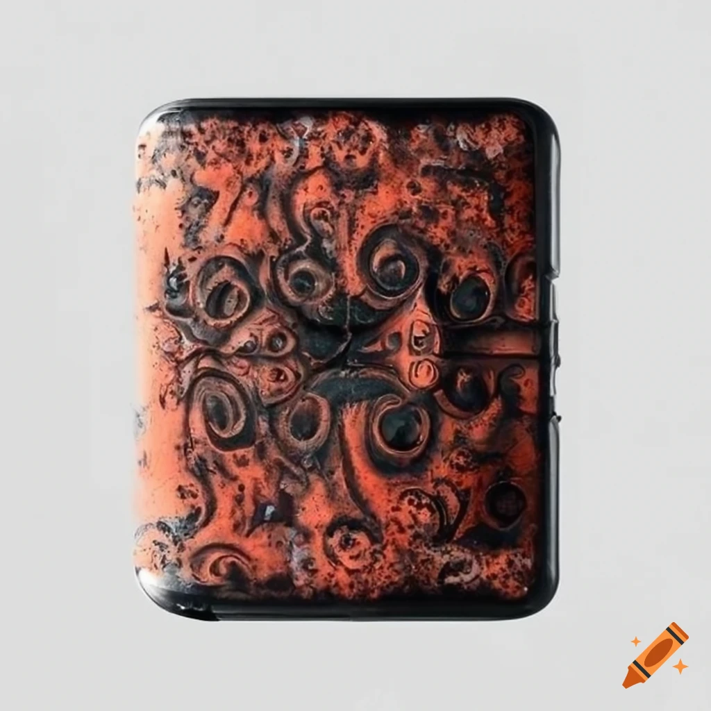 Rusty red and black metal cigarette case on Craiyon