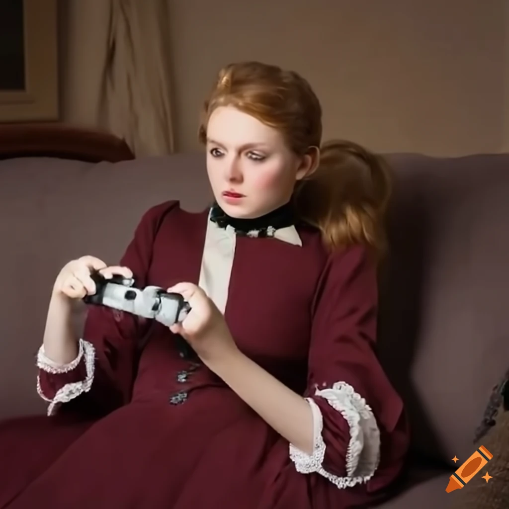 Victorian woman playing video games on the couch on Craiyon