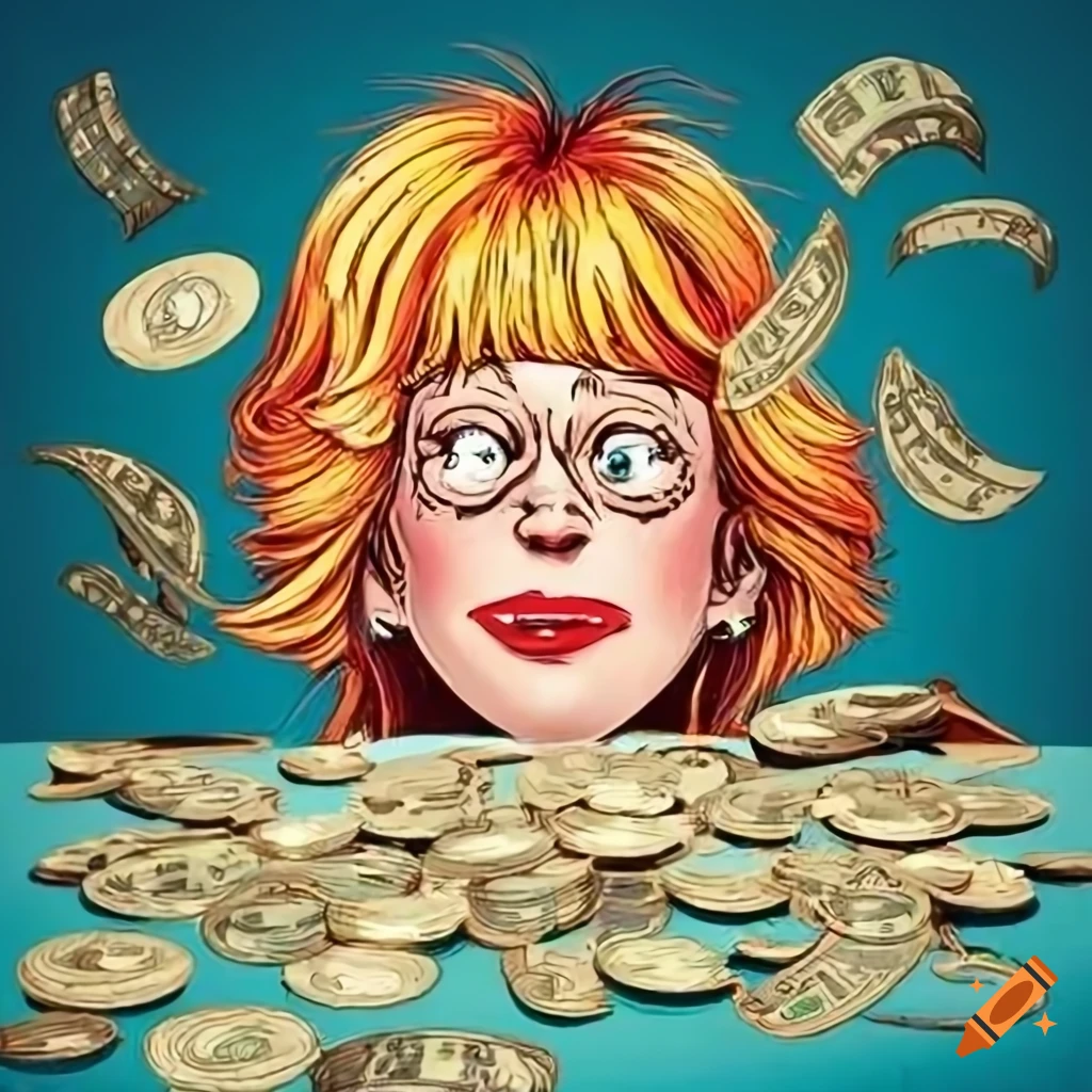 Colorful book illustration of a woman counting coins on Craiyon