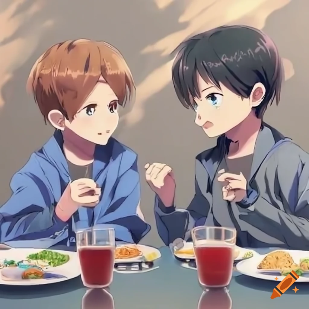 Two boys talking at lunch time on Craiyon