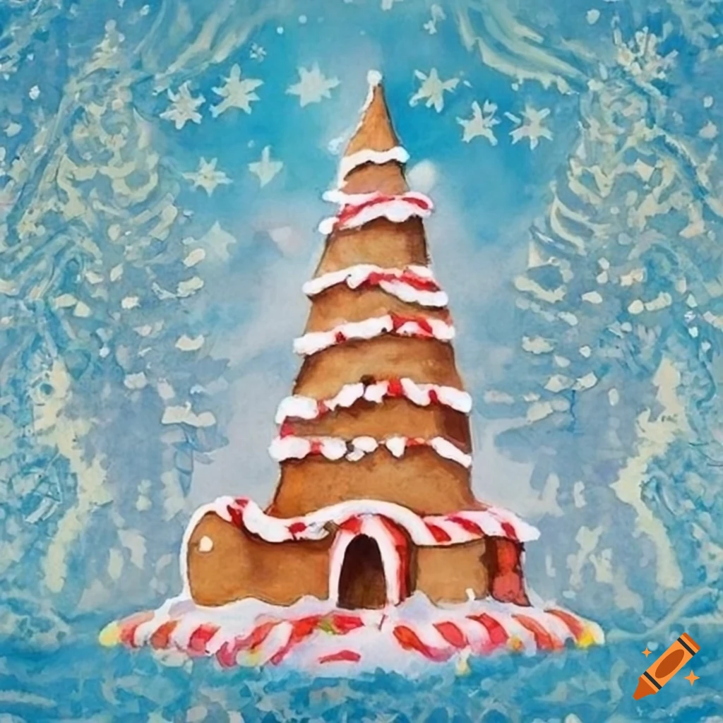 Watercolor gingerbread castle in a snowy forest