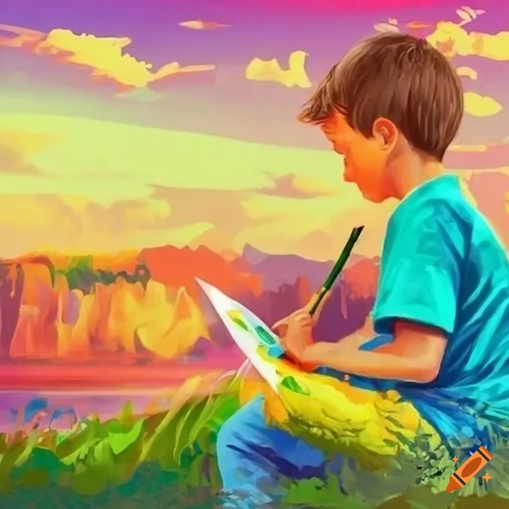 Niño pintando un paisaje en una cartulina