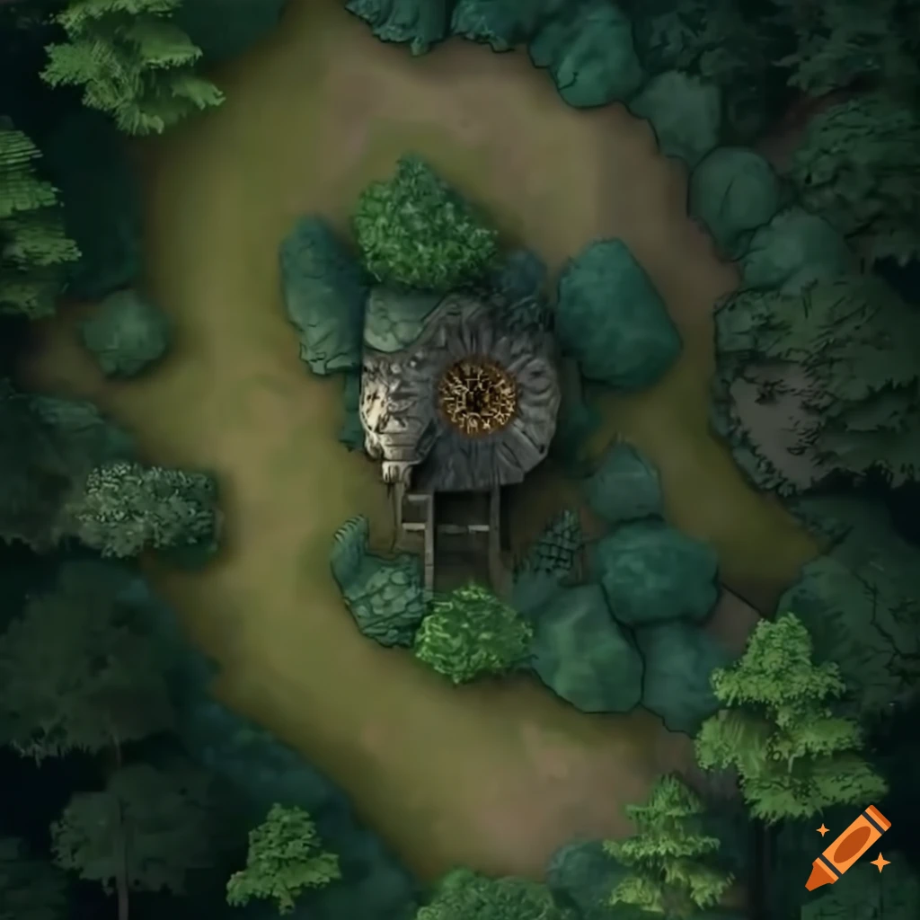 Hyper realistic top down forest map with a watchtower on Craiyon