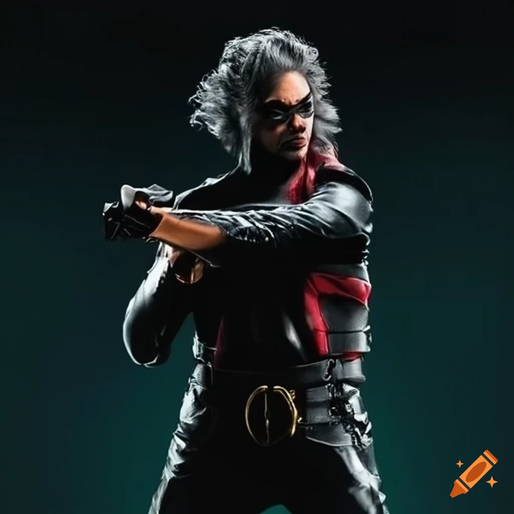 Image of a 80s inspired action hero in black costume on Craiyon