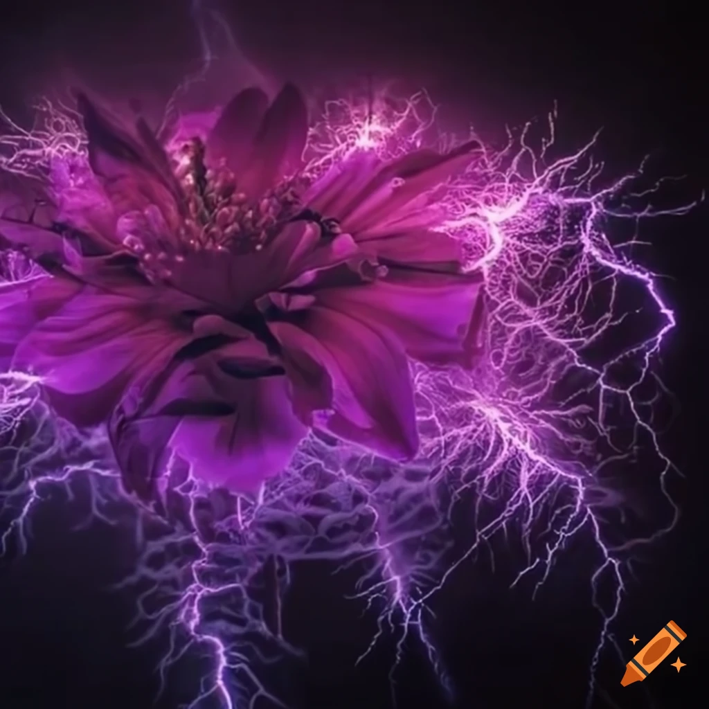 Close-up of flowers illuminated by lightning on Craiyon