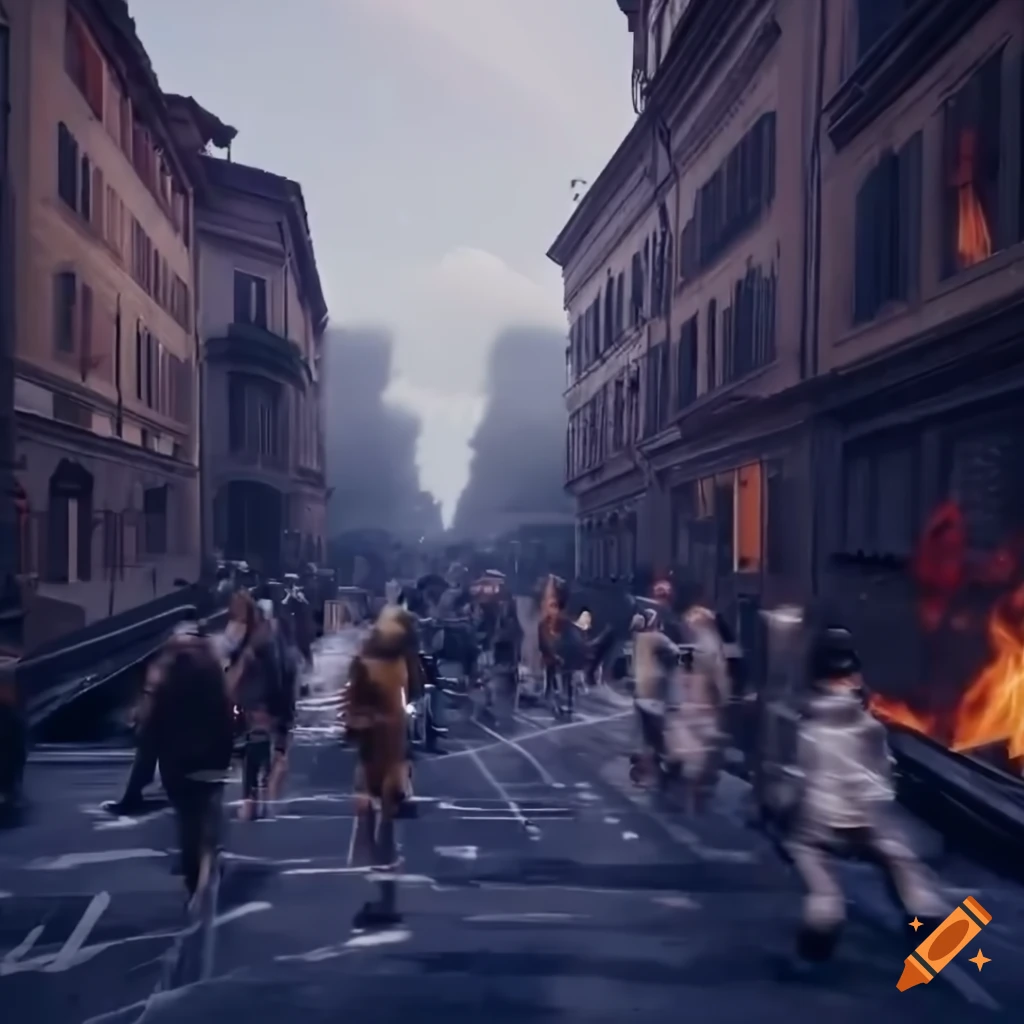 Image of a sci-fi protest with flags and destroyed cars on Craiyon