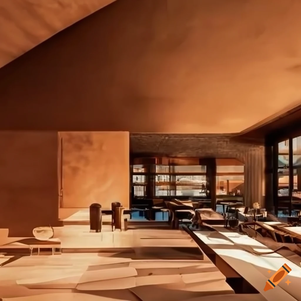 Modern restaurant along a marina with desert-inspired architecture