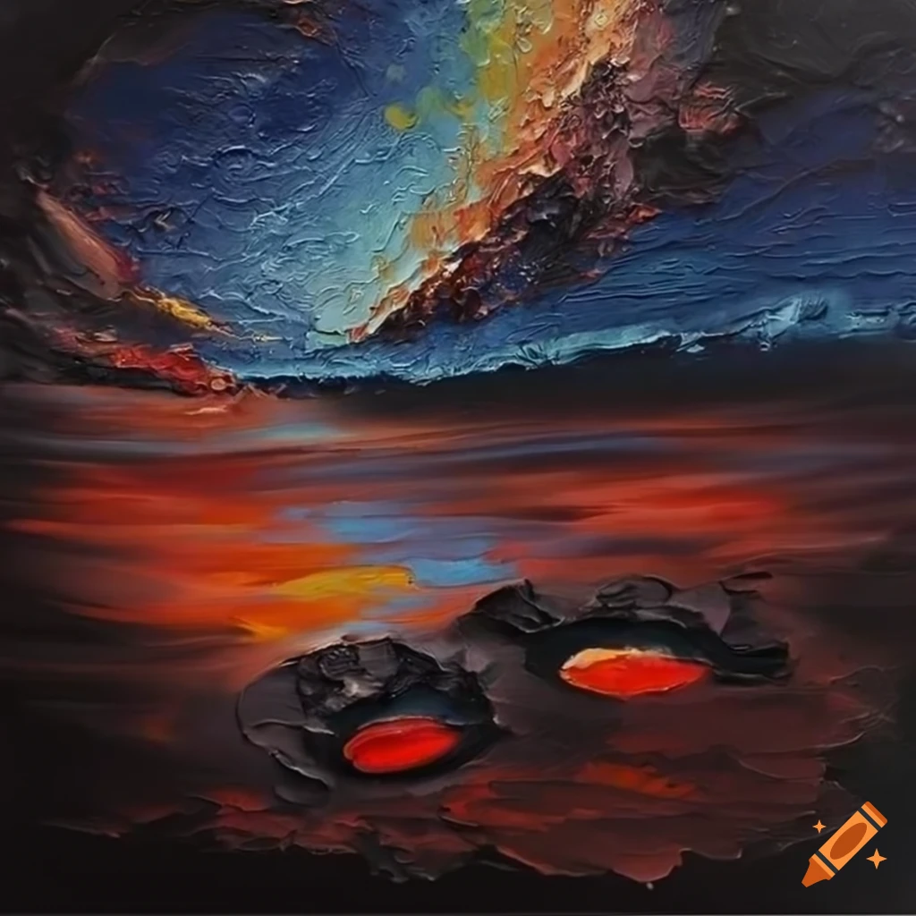 Volcano at sunset in a cubist painting on Craiyon