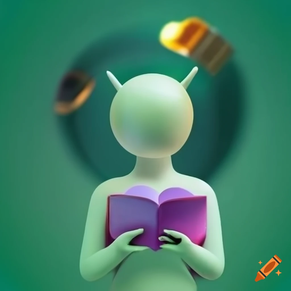 Android figure in a library selecting a book