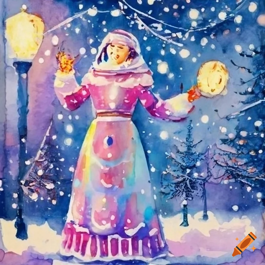 Watercolor christmas card with snow maiden in moscow on Craiyon