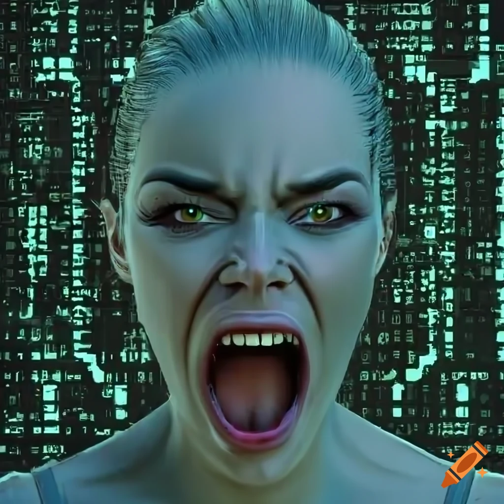 Illustration of a futuristic angry female computer ai on Craiyon